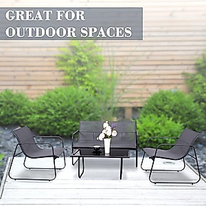 4 Piece Patio Furniture Set, Outdoor Conversations Sets for Patio, Lawn, Garden, Poolside with a Glass Coffee Table, Heathered Grey Fabric with Black Frame