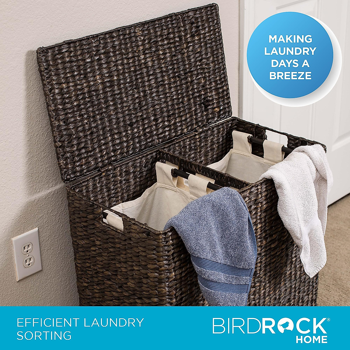 BIRDROCK HOME Handwoven Double Laundry Hamper | Removable Liner Bags | Laundry Basket with Lid - College Dorm Room Essentials, Bathroom, Bedroom, Home Clothes Storage, Organization | Espresso