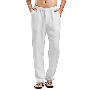LVCBL Men's Linen Pants Straight Leg Linen Trousers Relaxed Long Pants with Pockets,White,XL