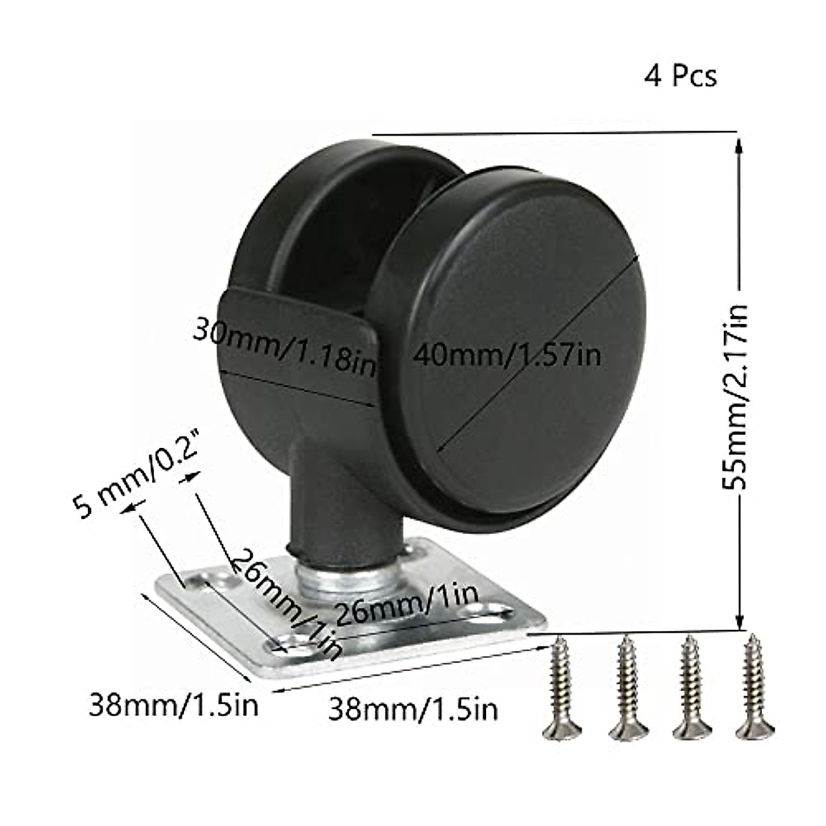ShineIn Black Plastic 1.5 inch Plate Casters Furniture Wheels Replacement Set of 4 with 16 Screws