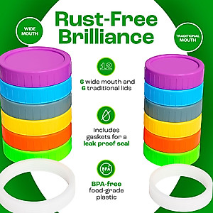 HELPFUL HOME Mason Jar Lids, Canning Lids - Leakproof, Easy to Use, Versatile Usage, Bright & Colorful, Dishwasher Safe, Fits BALL, KERR & More, Pack of 12 (6 Wide Mouth & 6 Regular Mouth)