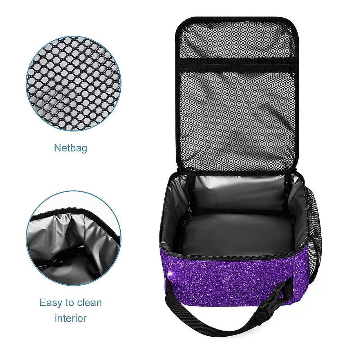 Insulated Lunch Bag Purple Glitter School Lunch Box for 6+ Years Old Boys Girls Bling Thermal Reusable Work Lunch Cooler for Men Women Office