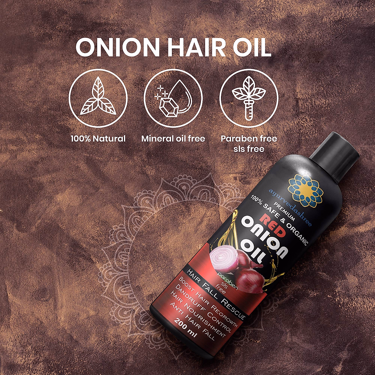 AYURVEDASHREE Hair Treatment Oil with Red Onion, Oil blends of Black Seed, Pure Argan, Sandalwood & Rose - 200 Ml/6.7 fl oz