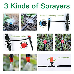 Micro Drip Irrigation Kit 226FT Greenhouse Automatic Patio Misting Plant Watering System with 1/4 inch 1/2 inch Blank Distribution Tubing Hose Adjustable Nozzle Emitters Sprinkler Barbed Fittings