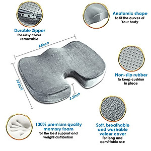 Seat Cushion & Lumbar Support Pillow for Office Chair, Car, Wheelchair Memory Foam Chair Cushion for Sciatica, Lower Back&Tailbone Pain Relief Desk Pad with Adjustable Strap Washable Cover Grey