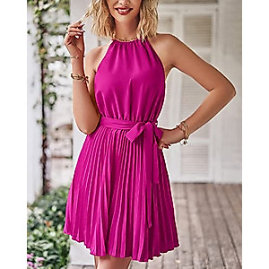 BTFBM Women 2024 Summer Casual Halter Neck A-Line Dress Sleeveless Belted Swing Pleated Cocktail Party Beach Mini Dresses(Solid Purple Red, Large)