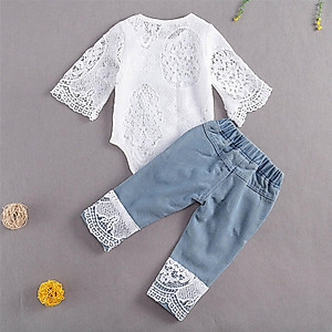 ZIYIXIN Baby Girls Summer Clothes Set Lace Hollow Out Long Sleeve Romper + Ripped Patchwork Jeans Infant Cute 2Pcs Outfits (Blue, 3-6 Months)