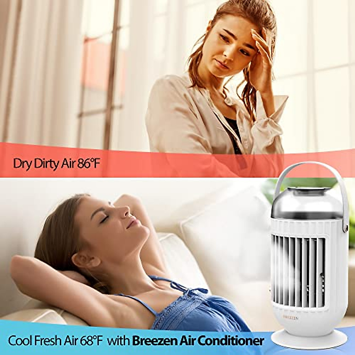 Portable Air Conditioner Fan- BREEZEN 3 Speed Personal Evaporative Air Cooler with Remote Controller and 3 Colours LED Night Light- Quiet Air Humidifier Leakproof Misting Fan for Home, Desk, Office, Bedroom, Car and Camping Tent.