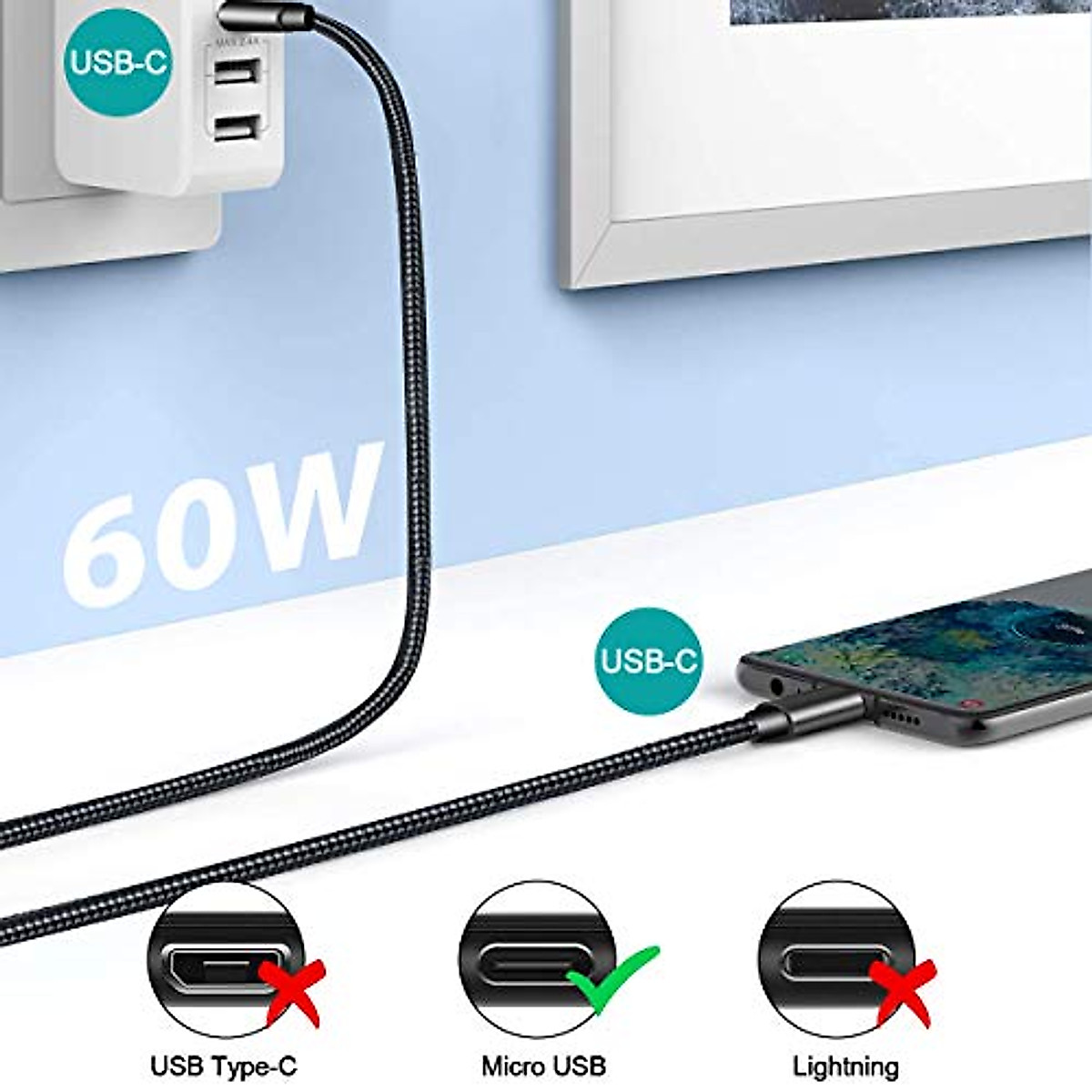 UDATON USB C to USB C Cable, USB C Cable, 60W Fast Charging Cable 2 Pack 6FT, Durable Long Nylon Braided Lightning Android Charger Cable Compatible with Samsung S21 S20, MacBook, iPad, Switch, Black