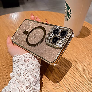 Cyberowl iPhone 13 Pro Max Glitter Case [Compatible with MagSafe] Lightweight and Luxury Plating Cute Bling Shockproof Raised Full Camera Lens Protective Rugged TPU Case Girls Women Covers Gold