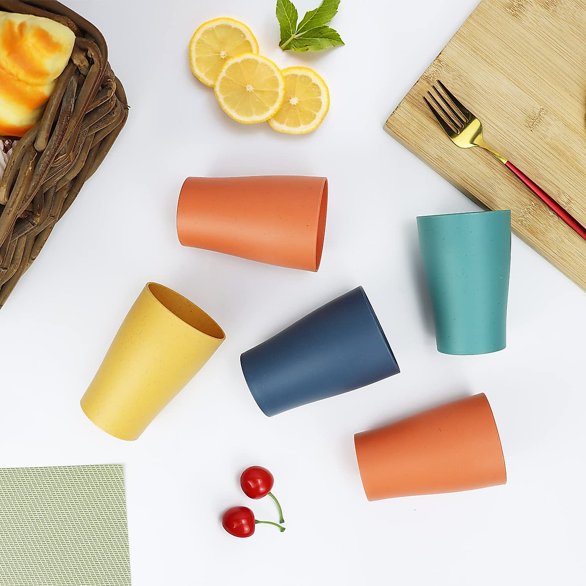 Homienly Wheat Straw Cups Plastic Cups Set of 8 Unbreakable Drinking Cup Kids Cups Reusable Dishwasher Safe Water Glasses Small Cups for Kitchen (8 OZ Kids Size)