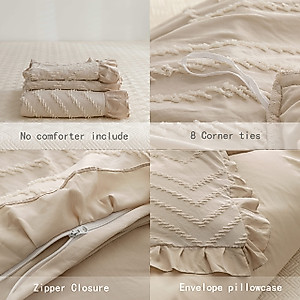 BAHALDEN Boho Duvet Cover Queen Size, Breathable Soft Tufted Duvet Cover Zipper Closure, Ruffle Farmhouse Bedding Embroidery Wavy Stripe, Cream Beige 90x90 inches and 2 Pillowcases