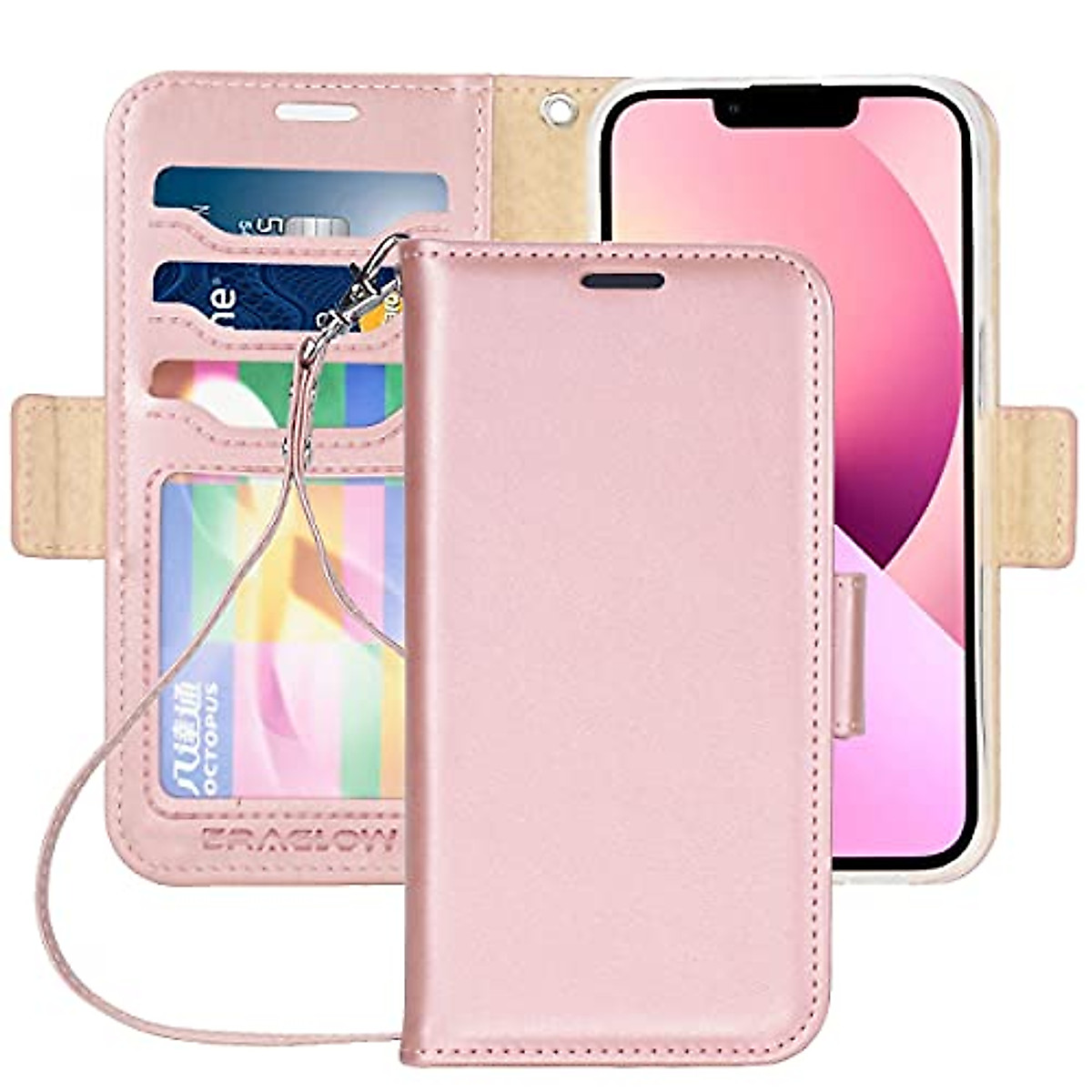 ERAGLOW for iPhone 13 Case,iPhone 13 Wallet Case,RFID Blocking [Stand Feature] [Card-Slots] Premium PU Leather Magnetic Protect Flip Cover for iPhone 13 6.1"(Rose Gold)