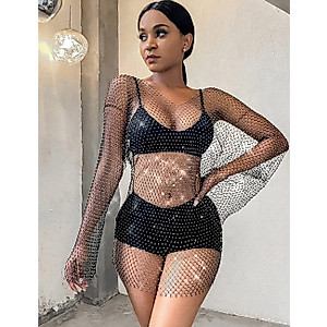 Lrady Women's Rhinestone Mesh Sheer Fishnet Long Sleeve V Neck Mini Dresses Sexy Bikini Beach Cover Up Clubwear, Black & White, Large