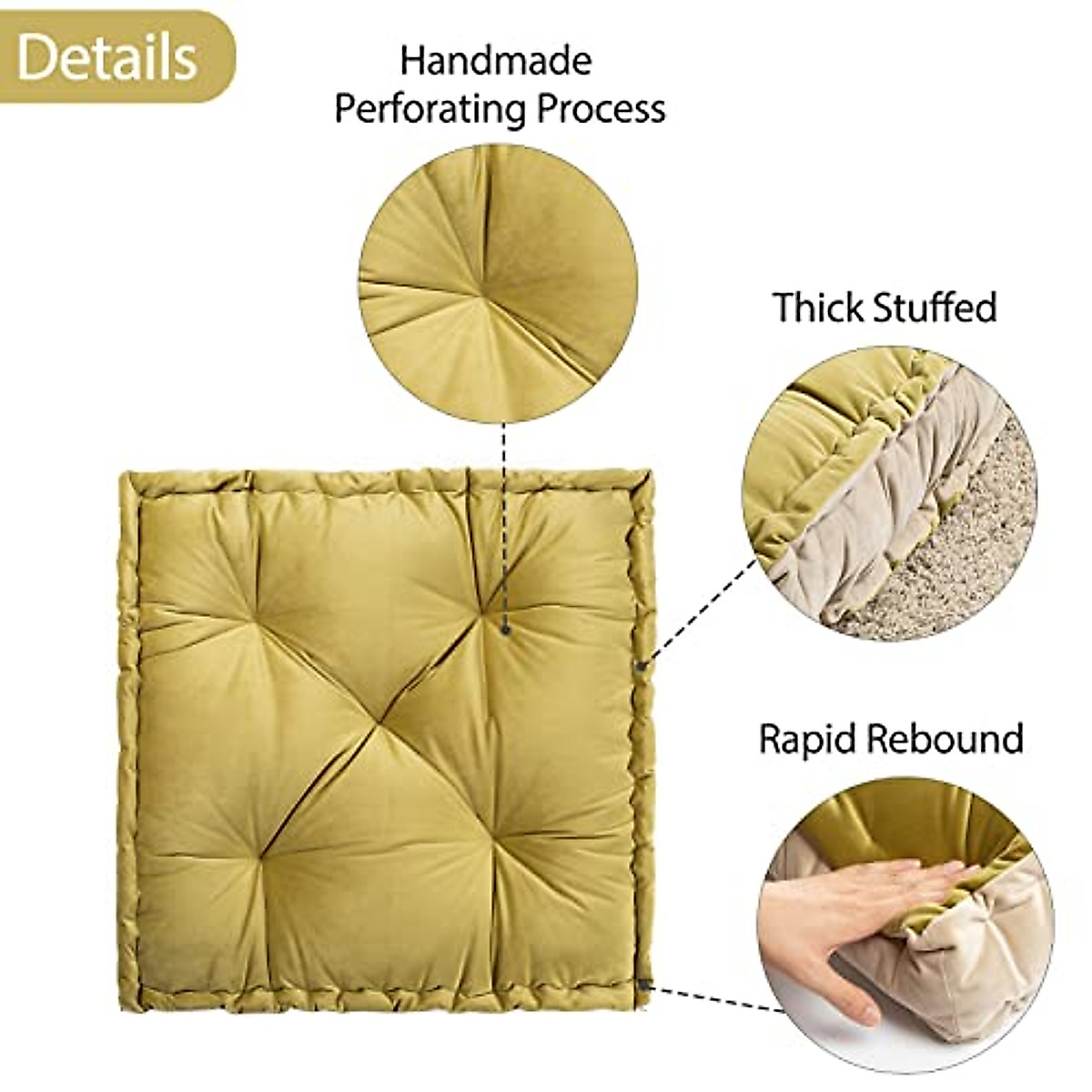 HIGOGOGO Extra Large Floor Cushion, 20"x20" Square Tufted Seating Floor Pillow with Frilled Edge, Outdoor Thicken Meditation Cushion for Yoga, Reading, Kids Playing and Pet Sleeping, Grass-Green