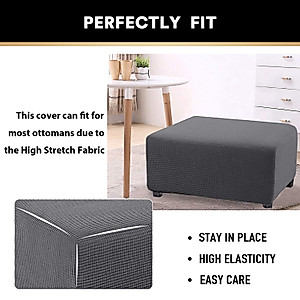 PrinceDeco Stretch Ottoman Cover Ottoman Slipcovers Rectangle for Living Room Foot Stool Stretch Covers to Fit Ottoman Foot Rest, Thick Checked Jacquard Fabric with Elastic Bottom (Large Size, Grey)