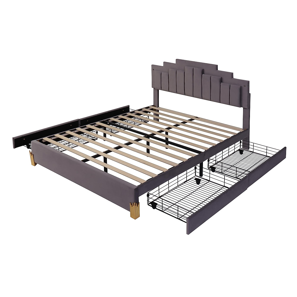 JIVOIT Queen Size Upholstered Platform Bed with 4 Drawers, Modern LED Light Platform Bed Frame, Stylish Irregular Metal Bed Legs Design, Upholstered Storage Bed for Kids Teens (Gray,Queen,Metal Legs)