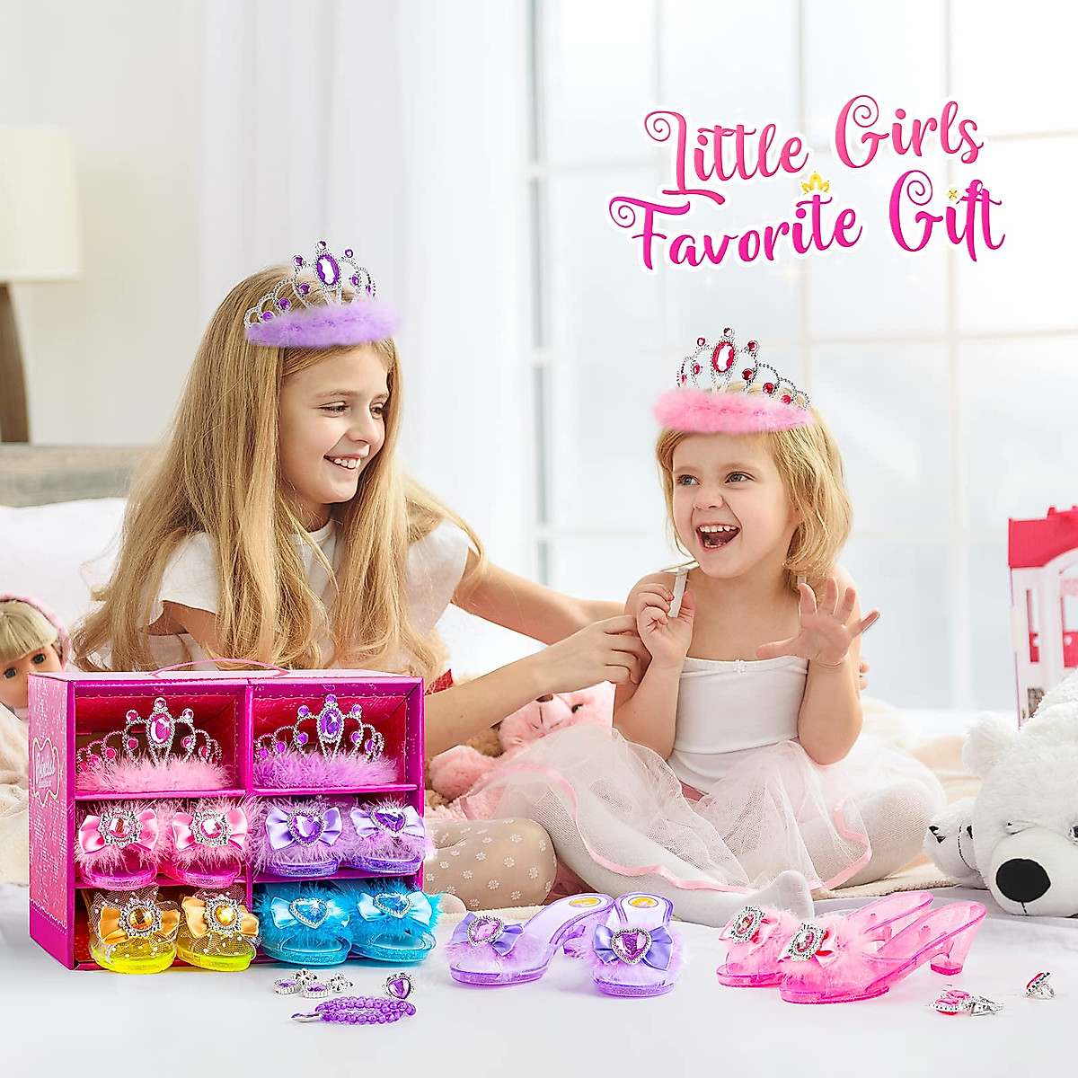 Jeowoqao Princess Dress up Shoes,Girls Dress up Shoes Princess Dress Up Pretend Play Set 4 Pair of Princess Shoes, Princess Dresses Princess Cape Jewelry Toys for Toddler Girls Age 3 4 5 6 Years Gift