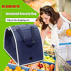 Reusable Grab Bags Insulated Food Storage Bag, Collapsible Grocery Tote Bags with Handles, Grab and Go Bag Shopping Trolley Bag Clip on Shopping Cart As Seen On TV