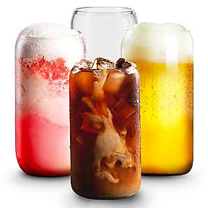 Combler Beer Can Glass Set of 4, 16 oz Can Shaped Glass Cups, Iced Coffee Cup, Iced Coffee Glasses, Drinking Glasses, Beer Glasses, Glass Tumbler for Smoothie, Whiskey, Cocktail, Soda, Boba Tea, Gift