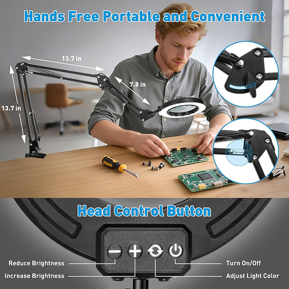 LED Magnifying Lamp with Clamp, 10X Real Glass Lens, 3 Color Modes and Stepless Dimmable Magnifier Desk Lamp,Adjustable Swivel Arm Lighted Magnifying Glass for Repair Craft Close Work-Black