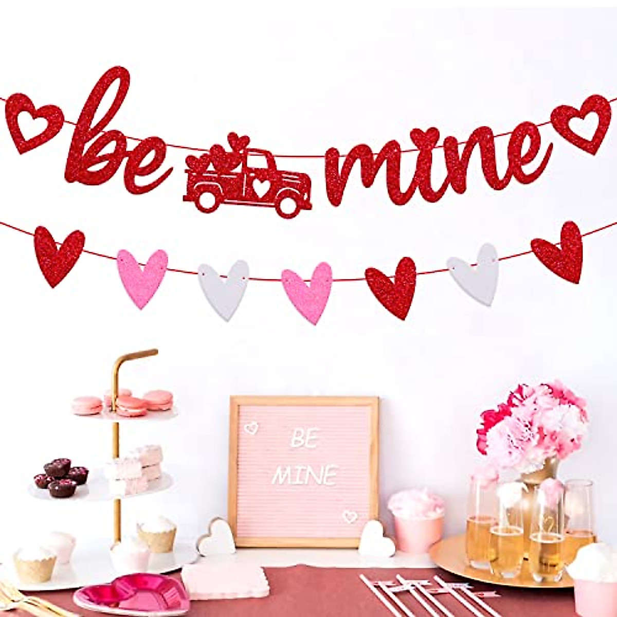 Happy Valentine’s Day Be Mine Banner Valentine Decoration Wedding Engagement Bridal Shower Romantic Theme Party Supplies I Love You XOXO Glitter Pink Red Decoration