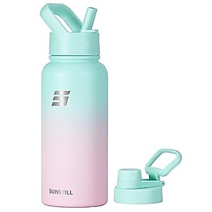 SUNWILL Insulated Water Bottle with Straw 32oz, Stainless Steel Water Bottles for Sports, Travel & Gym, Wide Mouth Flask with 2 Lids (Straw & Spout Lid), Leak Proof BPA Free Thermal Canteen