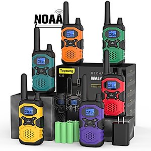 Topsung Walkie Talkies 6 Pack Rechargeable Walkie-Talkies for Adults Long Range Distance FRS 2 Way Radios Walkie Talkies Work Hunting Walkie Talkies with Headsets NOAA 2xUSB Charger 6x4500mAh Battery