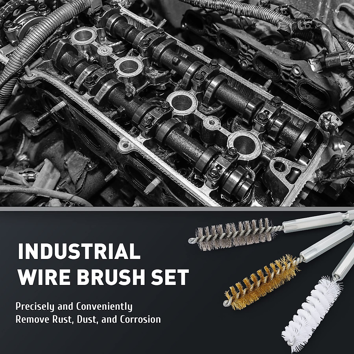 Orion Motor Tech 38pc Wire Brush Set, Bore Brush for Drill with 1/4 Inch Hex Shank and Long Extension Bars, 8-19mm Dia Round Wire Brush Kit, 0.31-0.75 Inch Stainless Steel Brass Nylon Cleaning Brushes