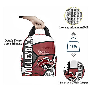 Volleyball Red White Black Reusable Insulated Neoprene Lunch Tote Bag Cooler with 2 Pockets Custom Personalized Portable Lunchbox Handbag with Name for Gift
