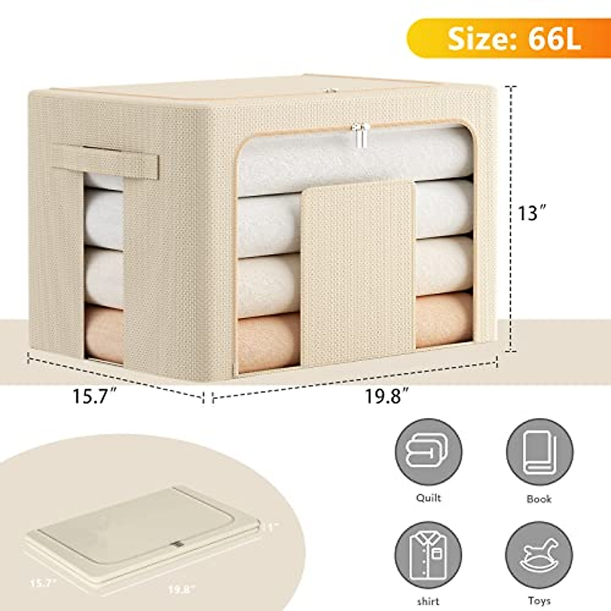 FAikhom 3 Pack Stackable Storage Bins- Foldable Metal Frame Storage Box Oxford Fabric Stackable Clothes Container Organizer with clear Window & Carry Handles (66L, Beige)