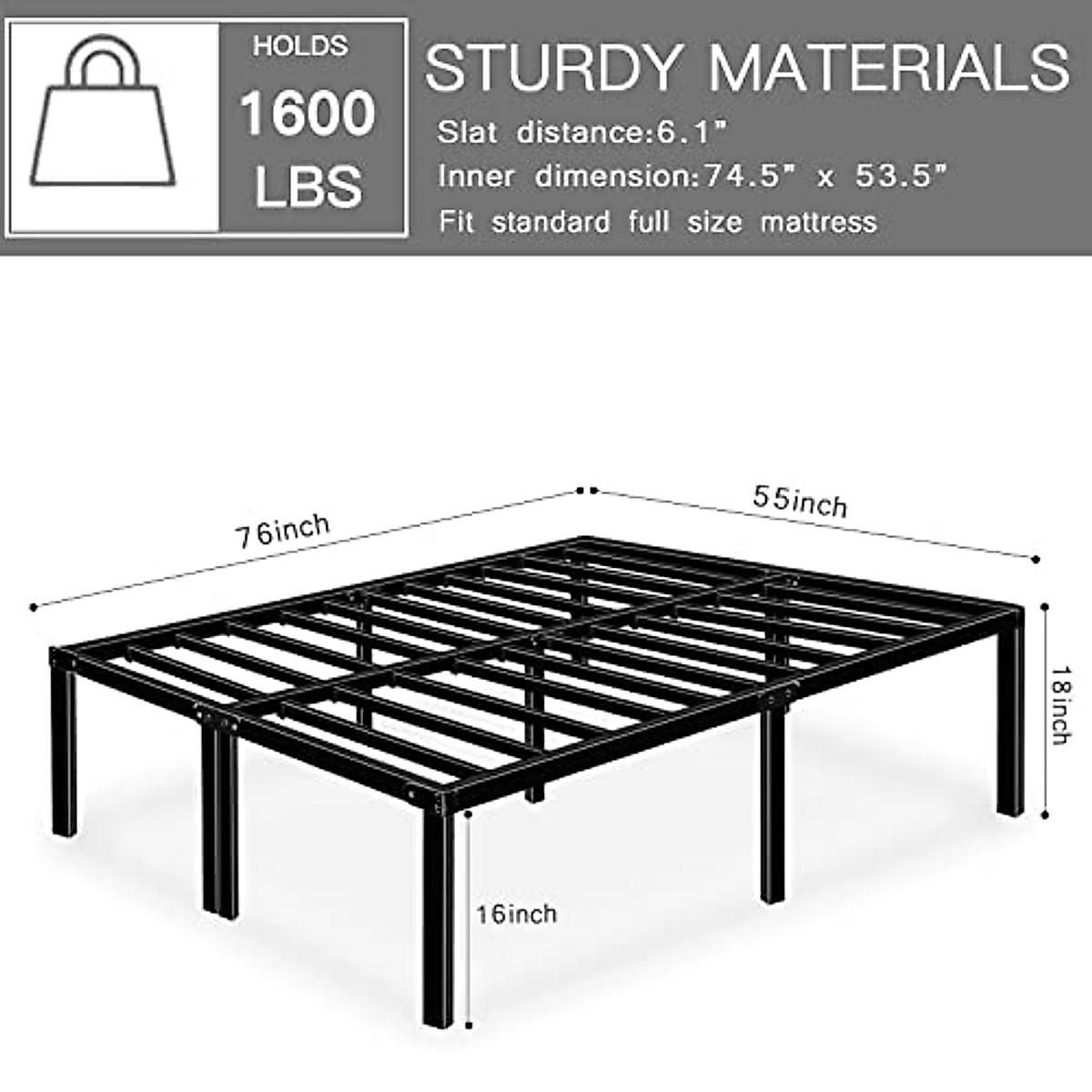 HAAGEEP 18 Inch Full Bed Frame No Box Spring Needed Metal Platform Bedframe with Storage for Kids High Tall Black
