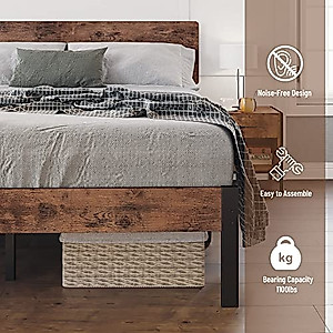 LIKIMIO Queen Bed Frame with Headboard, Strong Steel Slat Support, Tool-Free Assembly, Underbed Storage Space, No Box Spring Needed