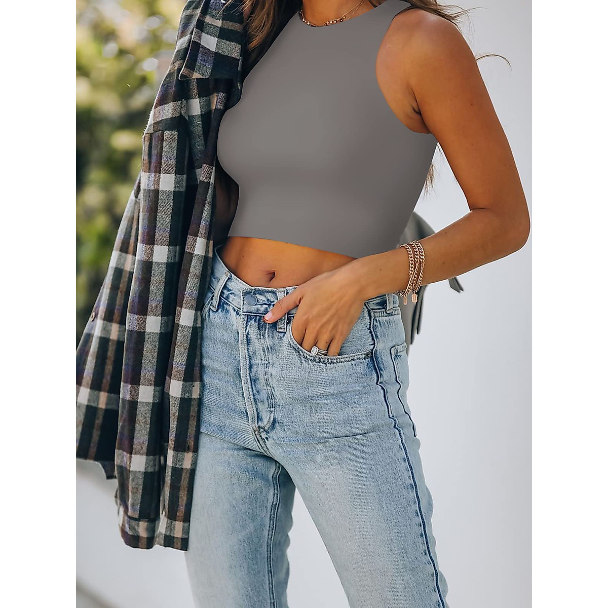 REORIA Women's Sexy Sleeveless High Neck Racerback Cropped Tank Tops Cute Teen Girls Halter Neck Crop Tops Vest Deep Grey Small