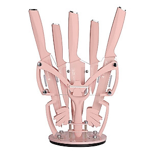 Stainless Steel Kitchen Knife Set of 6 Piece with Chef, Carving, Bread, Paring and Utility Knife,Sharp Knife Blade with Ergonomic Handle and Rotatable Butterfly knife holder (PINK)