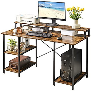 IBUYKE 55" Computer Desk, Office Table, Gaming Workstation with Storage Shelves/Monitor Stand, Study Table for Home Office, Space-Saving, Easy to Assemble, Rustic Brown and Black UTMJ056H