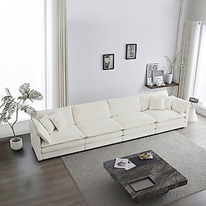 Linyuanwai Chenille 4-Seater Sofa Couch, Comfy Oversized Cloud Couch with Deep Seat and 6 Pillows Lounge Upholstered Large Sofa for Living Room Bedroom Office Apartment (White)