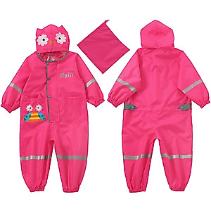 Kids Toddler Rain Suit for Boys Girls One Piece Hoodie Zipper Cute Cartoon Owl Waterproof Rain Jacket 7-9 Years XL Size