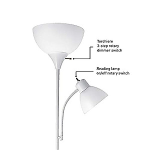 Globe Electric 67136 72" Torchiere Floor Lamp + Adjustable Reading Light, Matte White, Frosted Plastic Shade, 3-Step Rotary Switch on Floor Lamp Socket, Home Improvement, Home Office Accessories