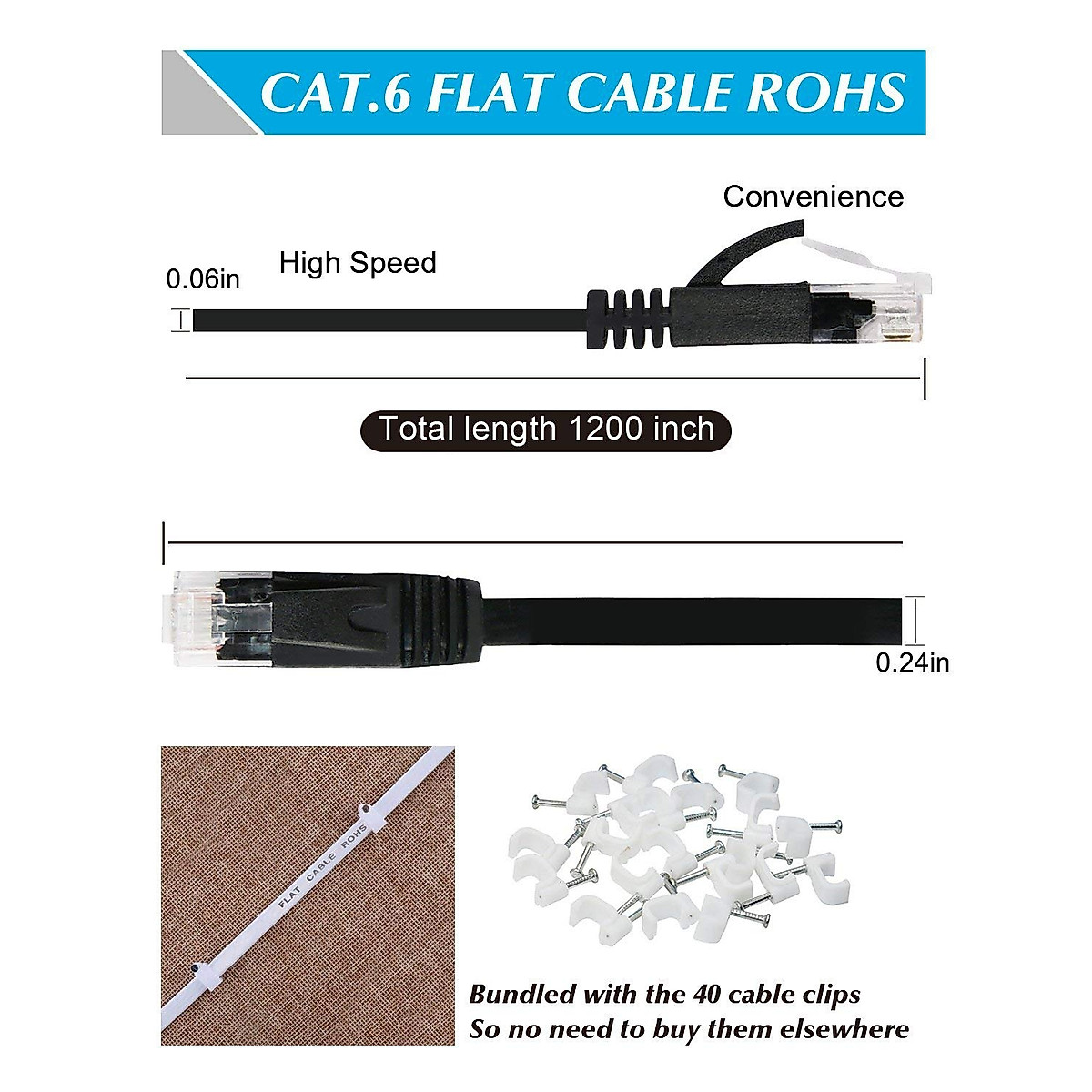 MATEIN Cat6 Ethernet Cable 100ft, Long Flat Internet Cable for Gaming, High Speed Network Cord Compatible with Clips RJ45 Connector Fast Computer LAN Wire Fit for Router,WiFi,PS4,Xbox,Switch,Coupler