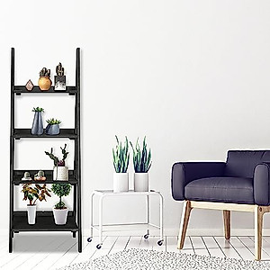 Babion Ladder Shelf Bookcase, 4-Tier Wooden Freestanding Plant Shelf Bookshelf Display Shelf, for Office, Balcony, Living Room - Black