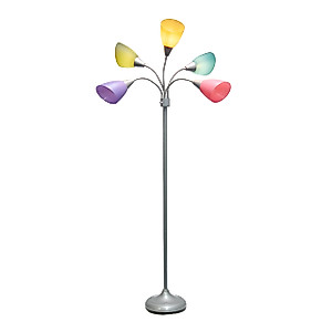 Simple Designs LF2006-SLM 67" Contemporary Multi Head Medusa 5 Light Adjustable Gooseneck Silver Floor Lamp with Fun Light Multicolored Shades for Kids Bedroom Playroom Living Room Office
