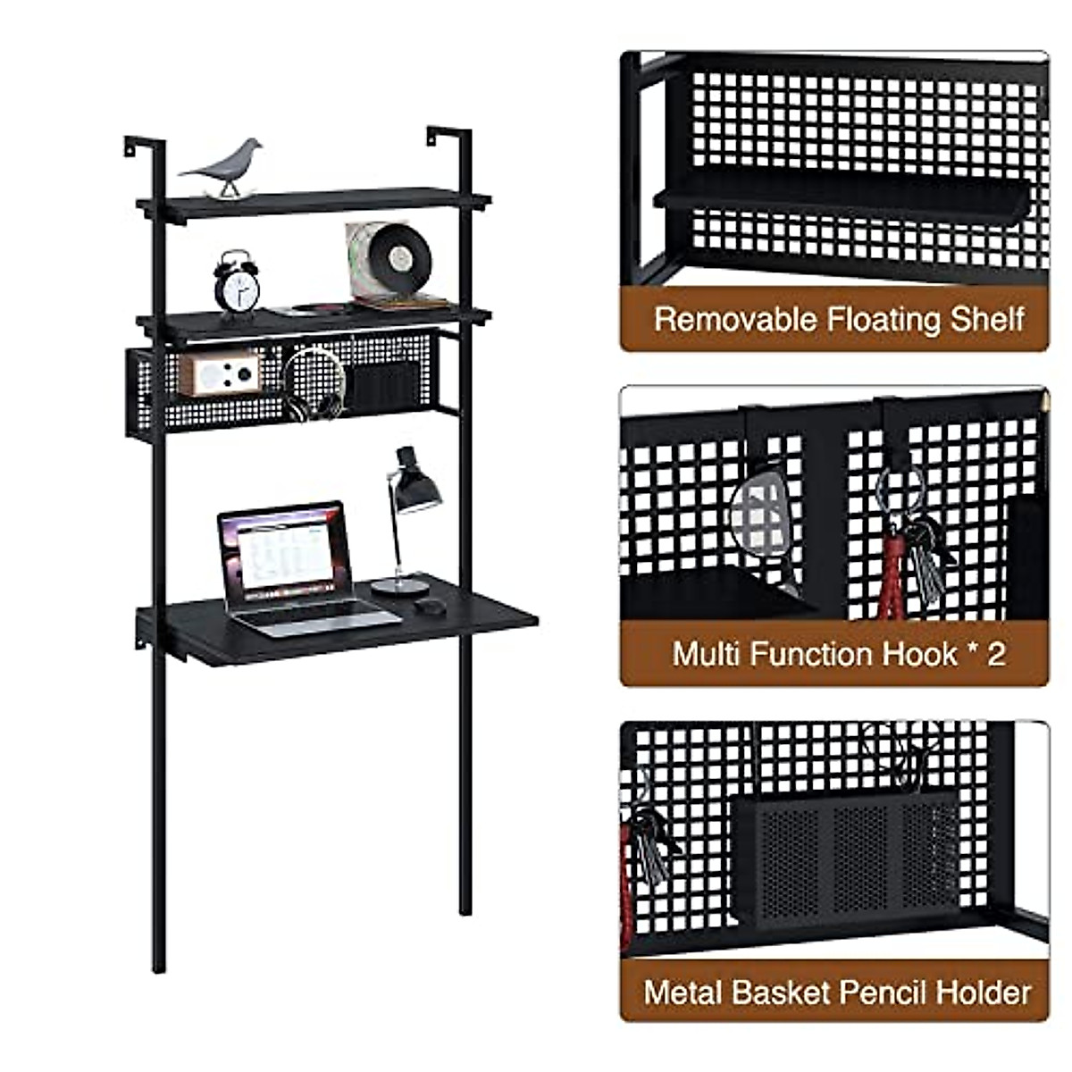 Rolanstar Computer Desk with Shelves, Wall Mounted Desk with Storage Shelf, Industrial Ladder Desk, 3 Tiers Leaning Desk for Small Space, Floating Writing Desk for Home Office, Black