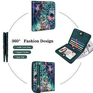 Simikol Womens Small RFID Blocking Wallet Compact Bifold Pocket Cute Credit Card Holder Leather Coin Slot Ladies Mini Purse with ID Window, Mandala Nebula