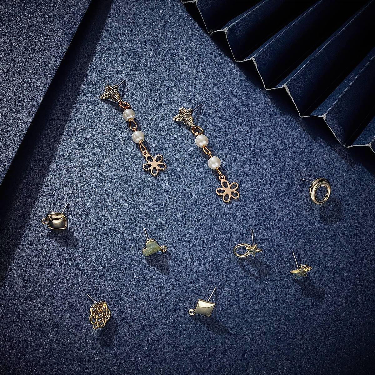 PH PandaHall 96pcs Earring Studs Backs 48pcs 12 Styles Golden Earring Posts Heart Moon Star Rhombus Pad Base with Loops Steel Pin and 48pcs Plastic Earring Backs for DIY Earring Making and Repairing