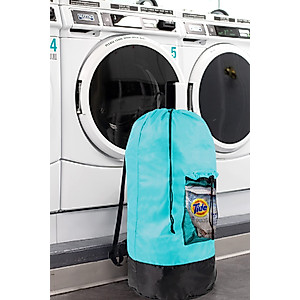 Laundry Bag Backpack with Shoulder Straps and Mesh Pocket Laundry Backpack Large Portable Laundry Hamper for College Laundromat Apartment with Drawstring Closure, Adjustable Back Straps (Turquoise)