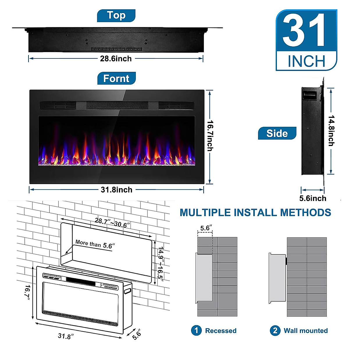 31 Inch Electric Fireplace Recessed and Wall Mounted, Fireplace Heater and Linear Fireplace, Ultra-Thin Electric Fireplace, Low Noise, with Timer, Remote Control, Adjustable 12 Flame Color, 750/1500W