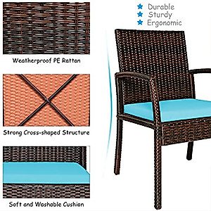 Tangkula 7 Pieces Patio Dining Set, Acacia Wood Wicker Dining Furniture Set with Steel Frame & Umbrella Hole, Outdoor Dining Table Chair Set with Removable Cushions for Backyard, Garden (Turquoise)