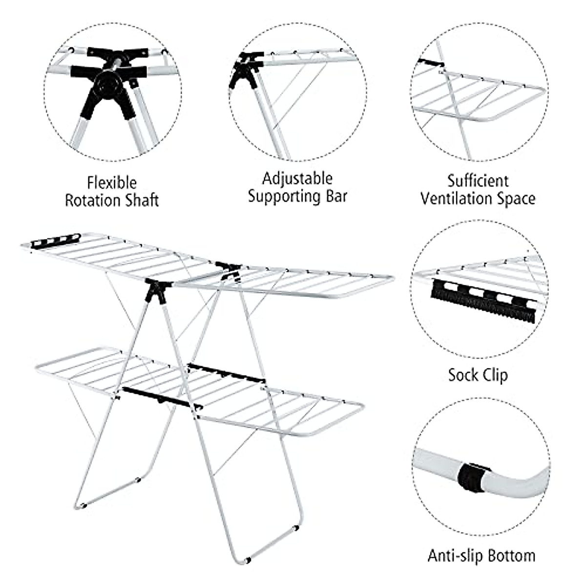 Nightcore 2-Layer Clothes Drying Rack, Aluminum Drying Rack with Adjustable Height, No Assembly Need, Compact Foldaway Gullwing Laundry Rack for Indoor Outdoor