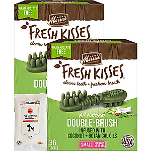 Aurora Pet Bundle Pack (2) Merrick Fresh Kisses Double-Brush Coconut + Botanical Oils Infused Small Dental Dog Treats with AuroraPet Wipes